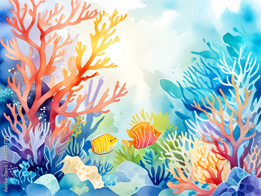 Watercolor painting of a coral reef teeming with life. Corals come in ...