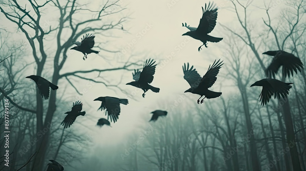 Silhouette of birds in misty forest. Creepy concept of ravens among ...