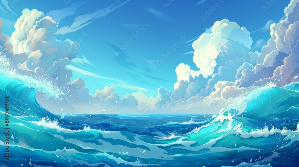 Waves of water splash and foam against a blue sky and cloud modern ...