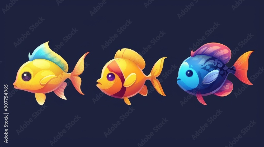 Modern set of color sea fish icons for aquariums. Ocean underwater ...