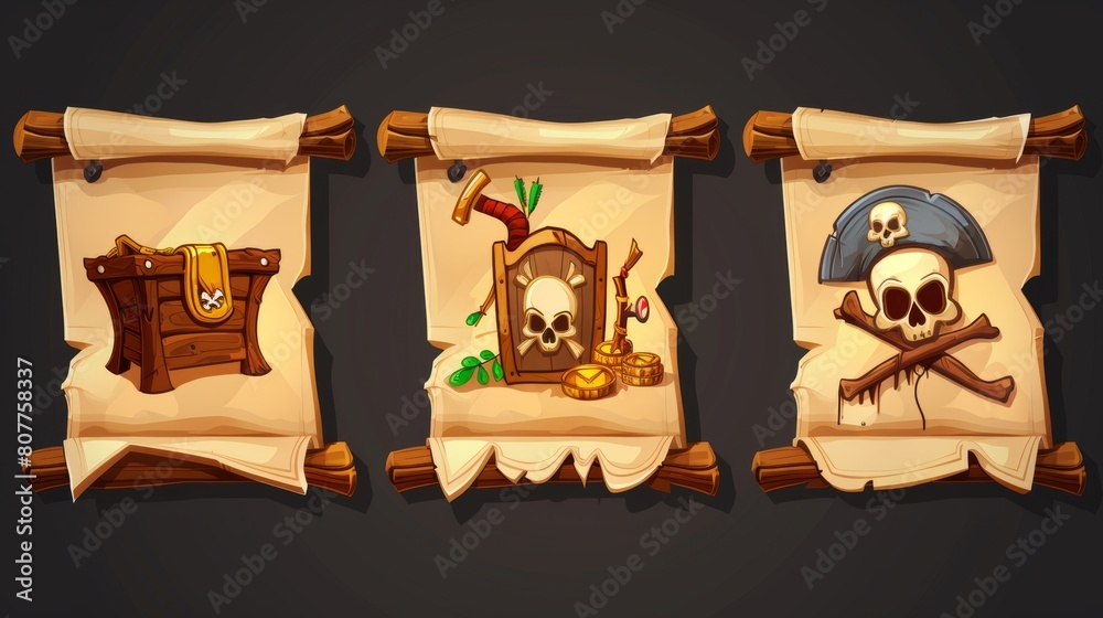 Modern cartoon illustration of old parchment shape frames with wooden ...