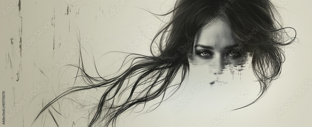 Portrait of a beautiful woman in style of fading line art. Black and ...