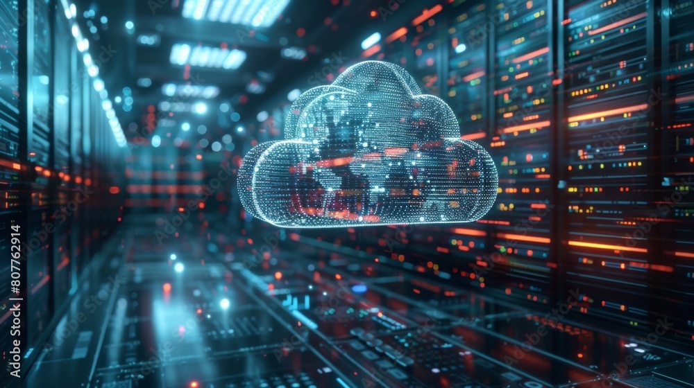 A professional interacts with a futuristic cloud computing interface ...