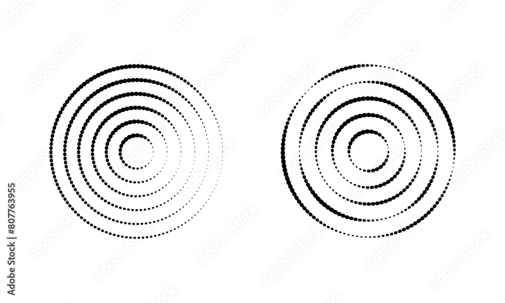 Set of circular ripple icons. Concentric circles with broken dotted ...