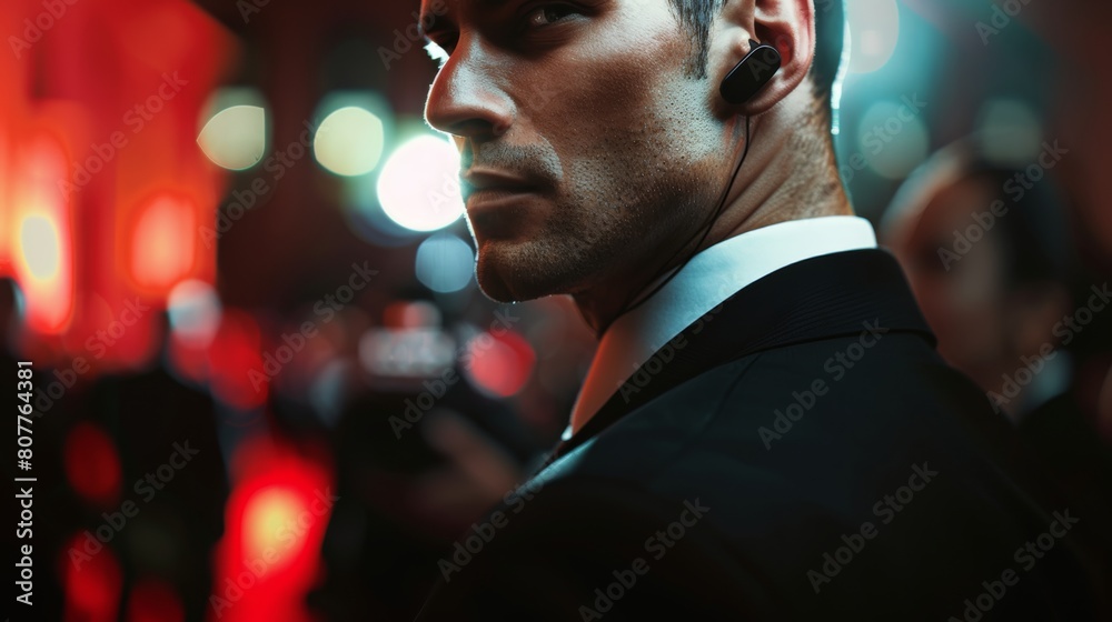 A stern-faced bodyguard dressed in an elegant black suit with a ...