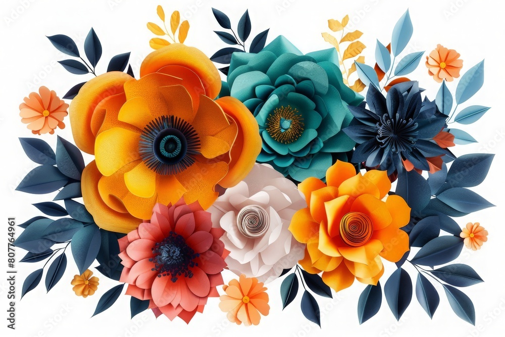 3d render, digital illustration, vivid paper flowers, decorative floral ...