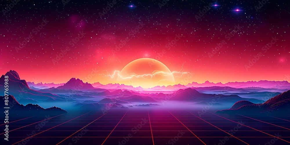Retro Sci-Fi Background Futuristic landscape of the 80s. Digital Cyber ...