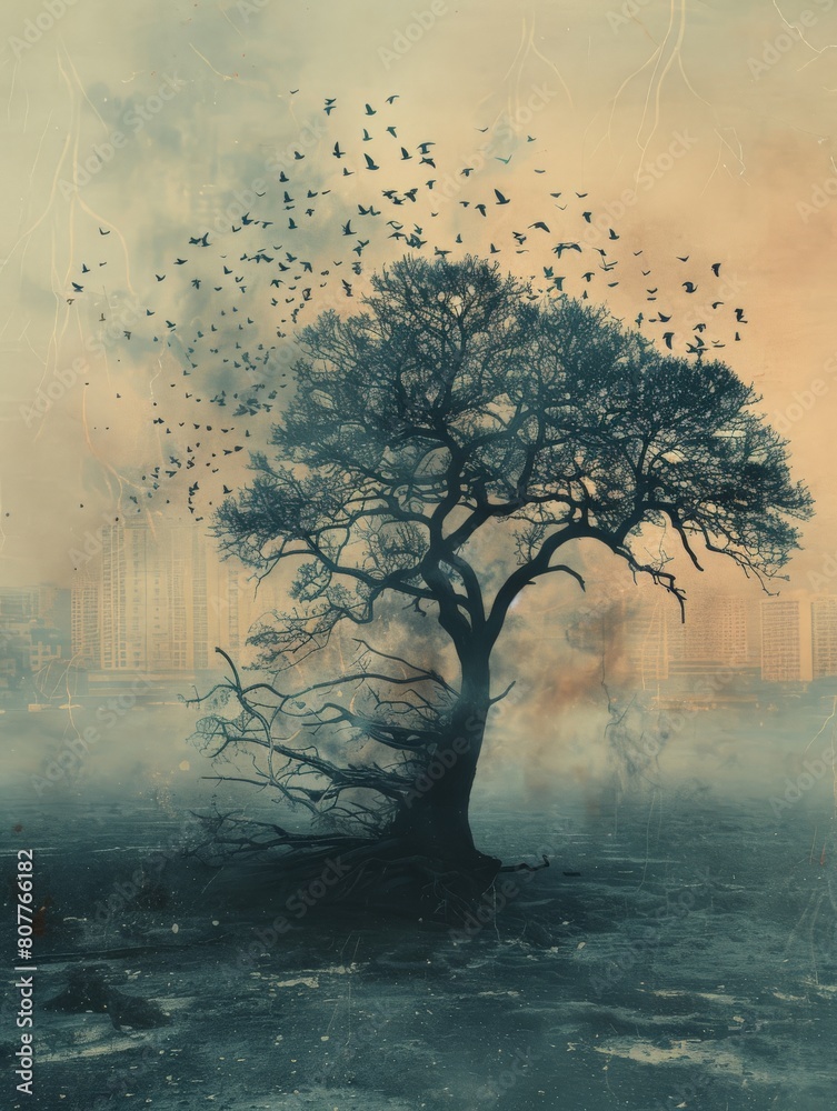 Drying tree with polluted sky, a poignant illustration of the ...
