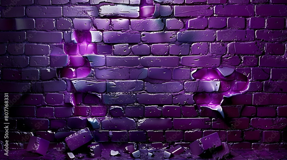 Vibrant purple brick wall. Purple urban city alley way. Busted brick ...