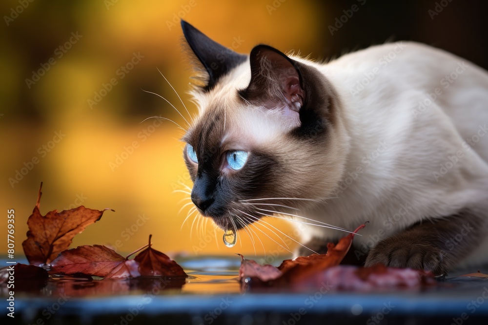 Environmental portrait photography of a smiling siamese cat drinking ...