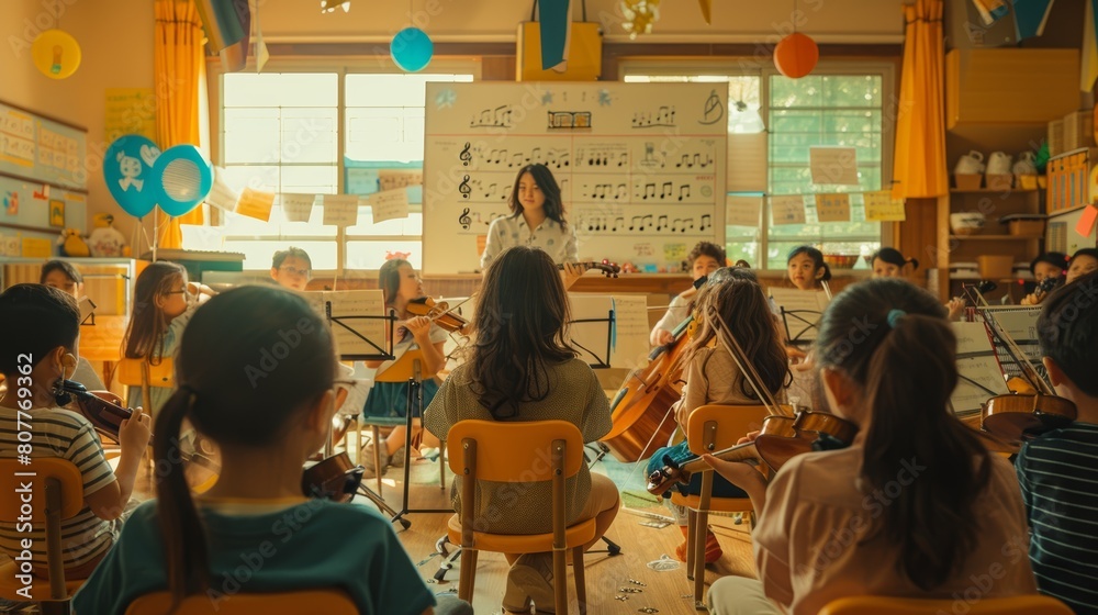 Children playing string instruments in a classroom setting with a ...