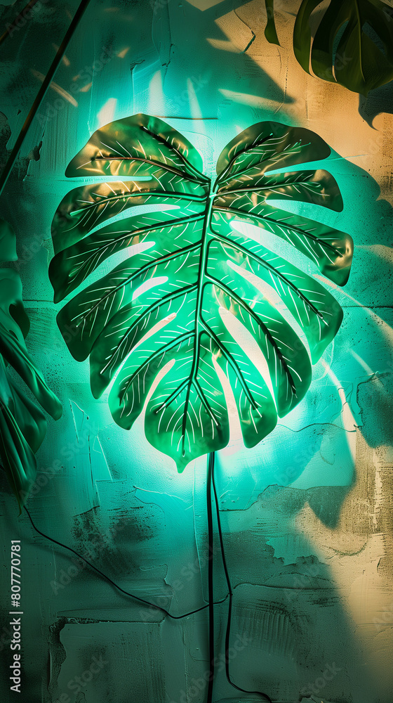 This captivating image showcases a neon Monstera leaf adorning the wall ...