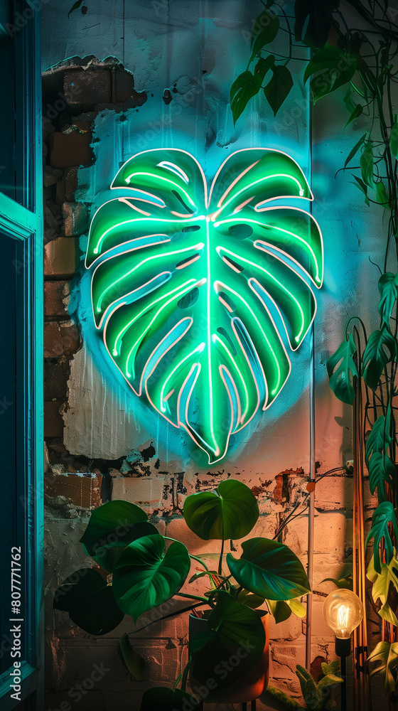 This striking image features a neon Monstera leaf light casting its ...