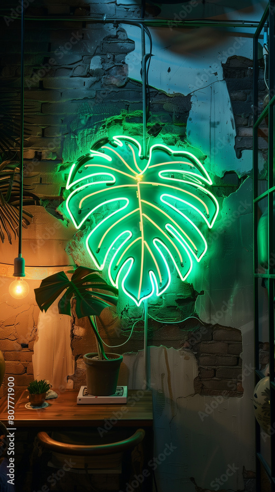 ภาพประกอบสต็อก This striking image features a neon Monstera leaf light ...