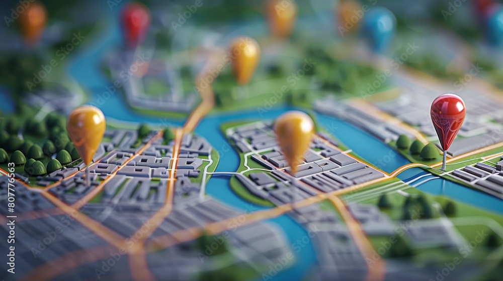 Event Planning: A 3D vector illustration of a map with pins indicating ...