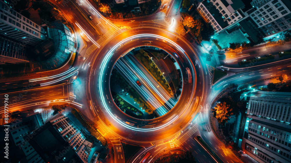 top view , night , roundabout interchange of a city, Expressway is an ...