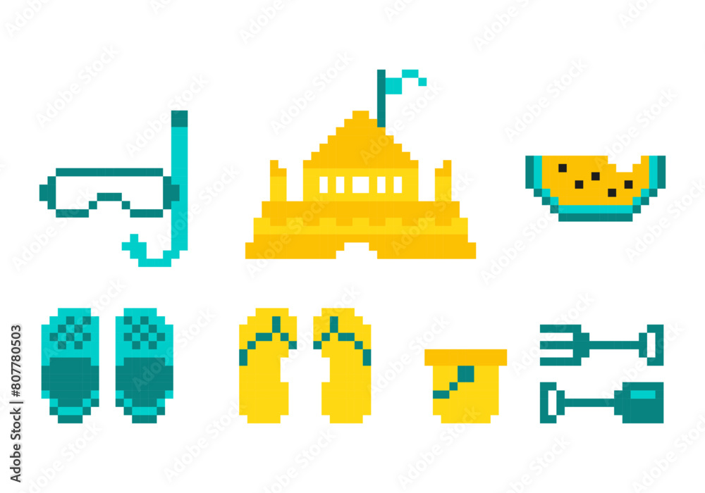 Summer vacation, beach set in pixel art design isolated on white ...