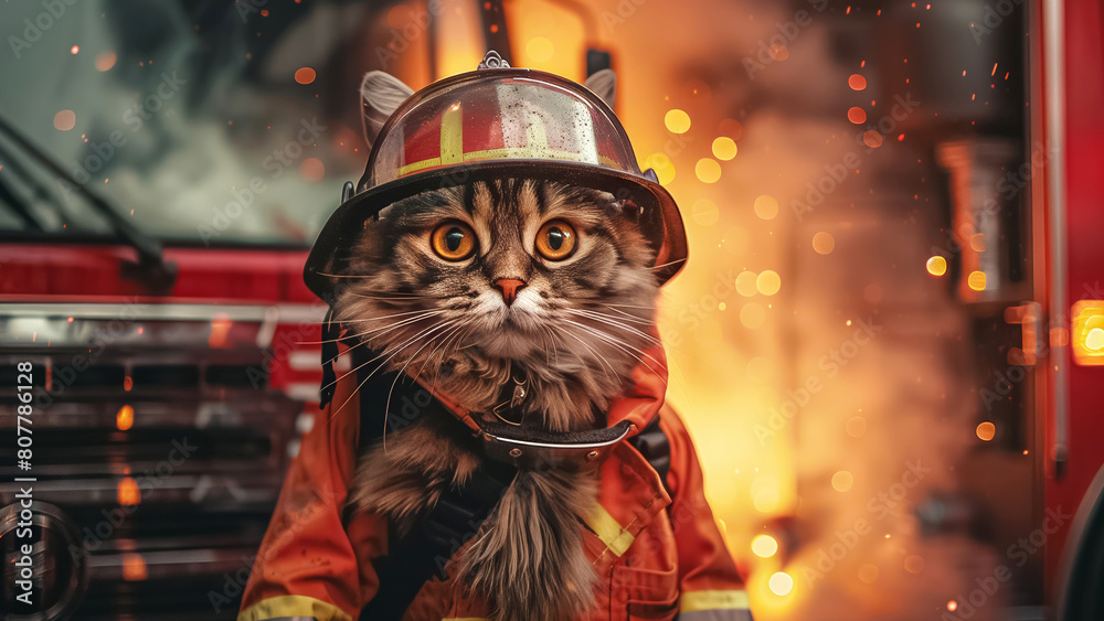Kitten dressed as a firefighter with helmet in front of a fire truck ...