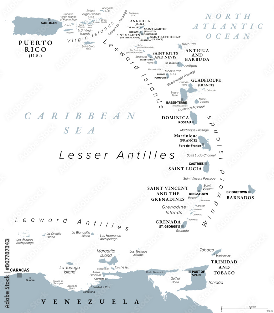 Eastern Caribbean islands, gray political map. Puerto Rico, Virgin ...