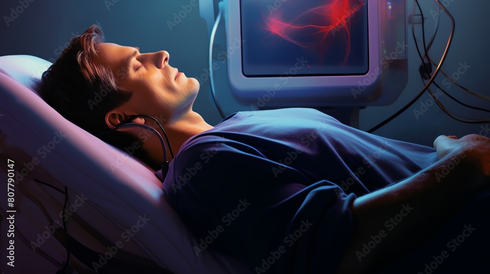 Patient lying comfortably during a carotid artery examination with the ...