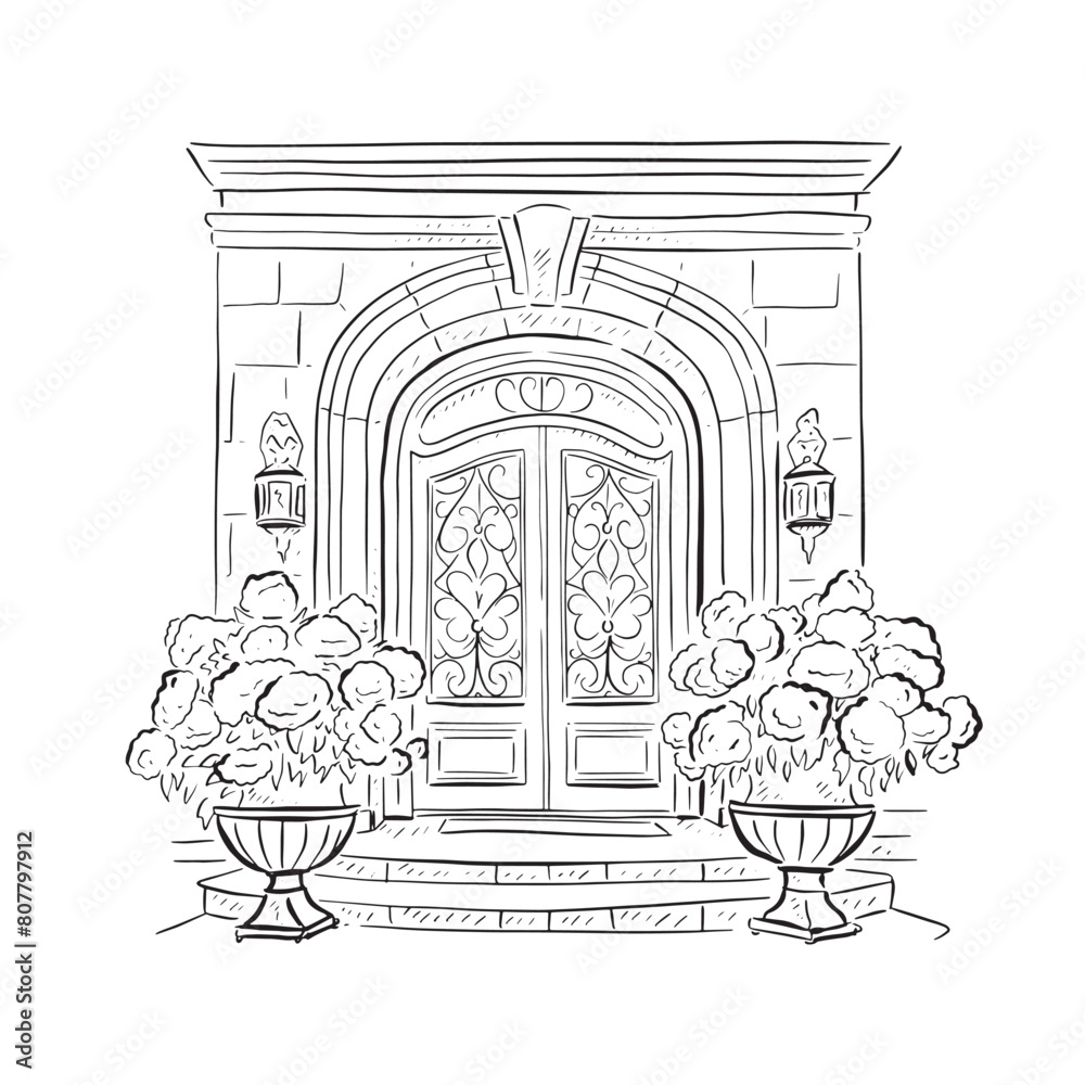 A line drawn illustration of a beautiful hotel / mansion front door in ...