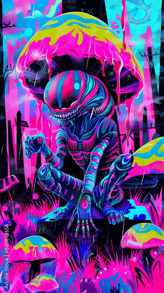 Alien, neon lights, mysterious, in a futuristic cityscape, under the ...