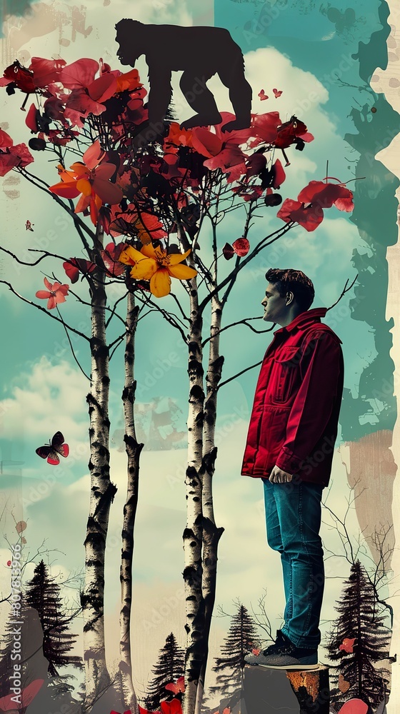 Bigfoot, forest ranger observing from a distance, blending in with the ...