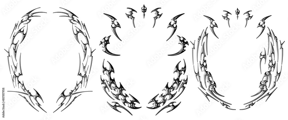 Neo Tribal symmetrical shapes. 3D chrome metal in cyber sigilism style ...