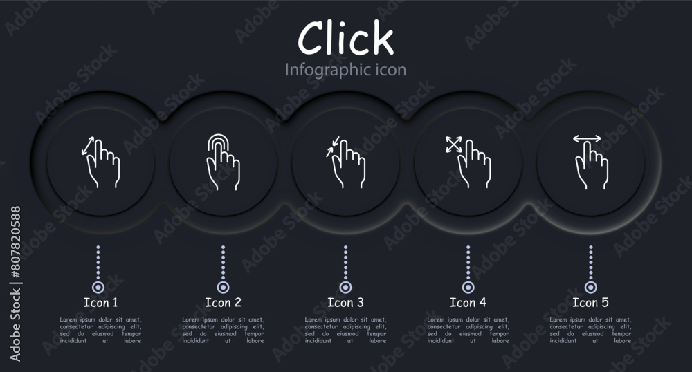 Clicks set icon. Press, double touch, 3D touch, zoom out, zoom in, swipe, shift, rotate, scroll ...