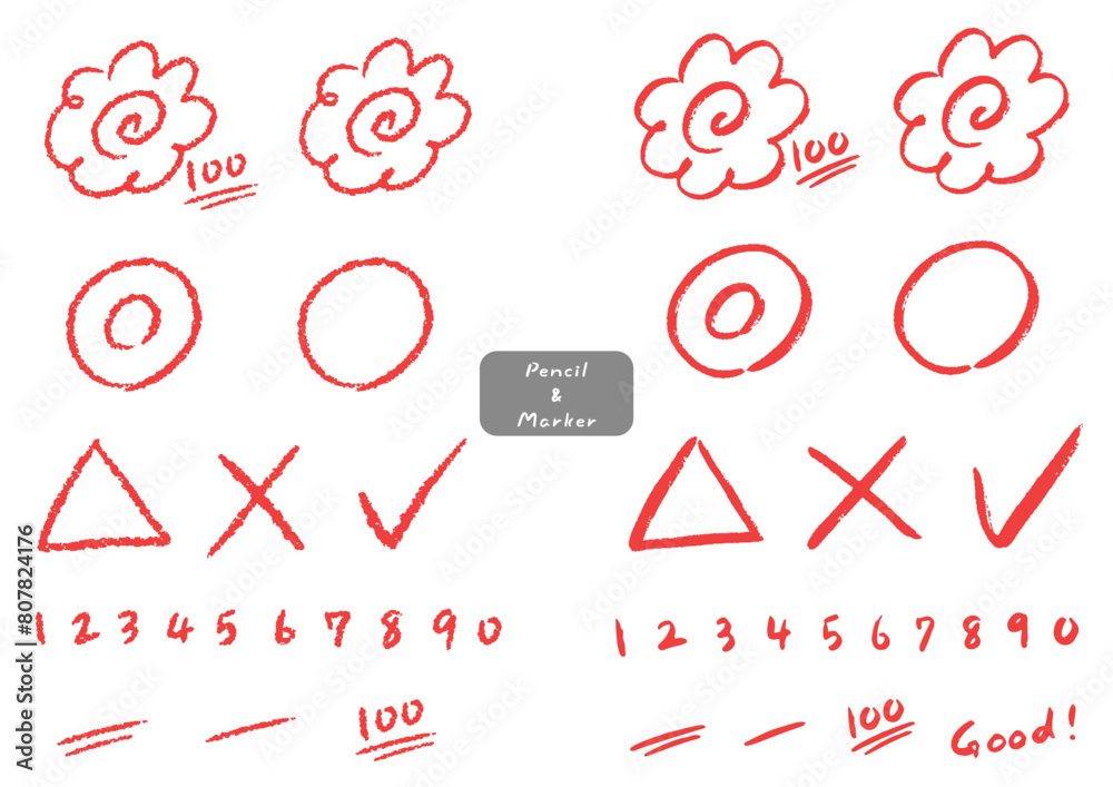 Pencil, marker hanamaru(a gold star)mark, simple hand-drawn icon set ...