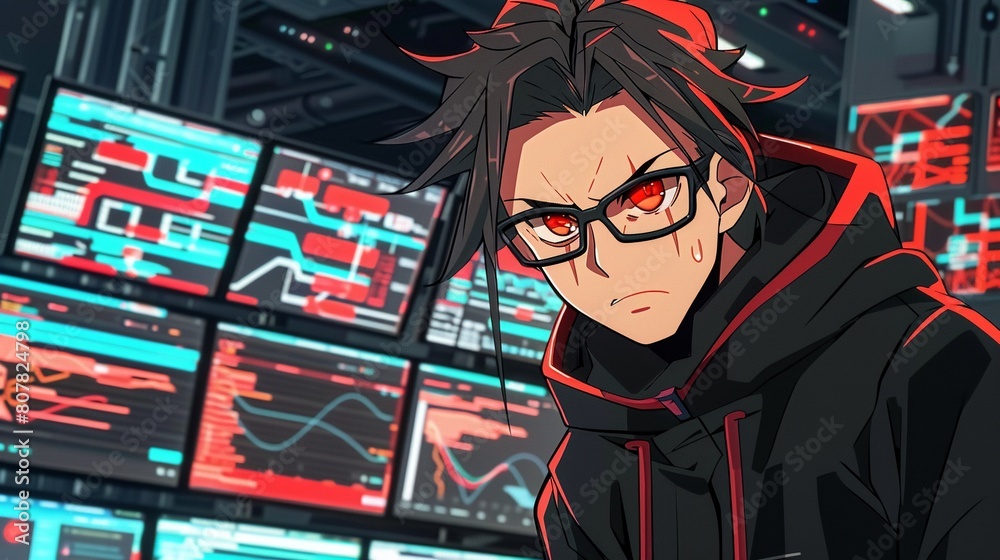 A malevolent hacker in glasses is depicted looking at multiple computer ...