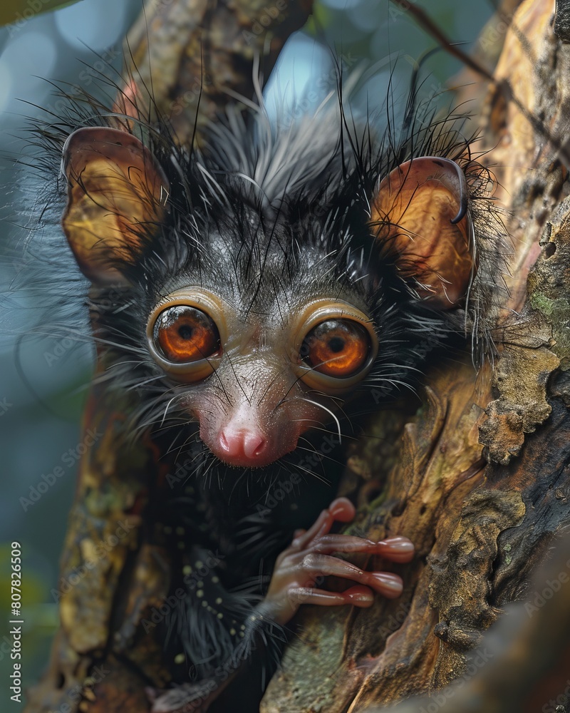 A hyperrealistic Aye-aye emerges under a bleached sky, shrouded in ...
