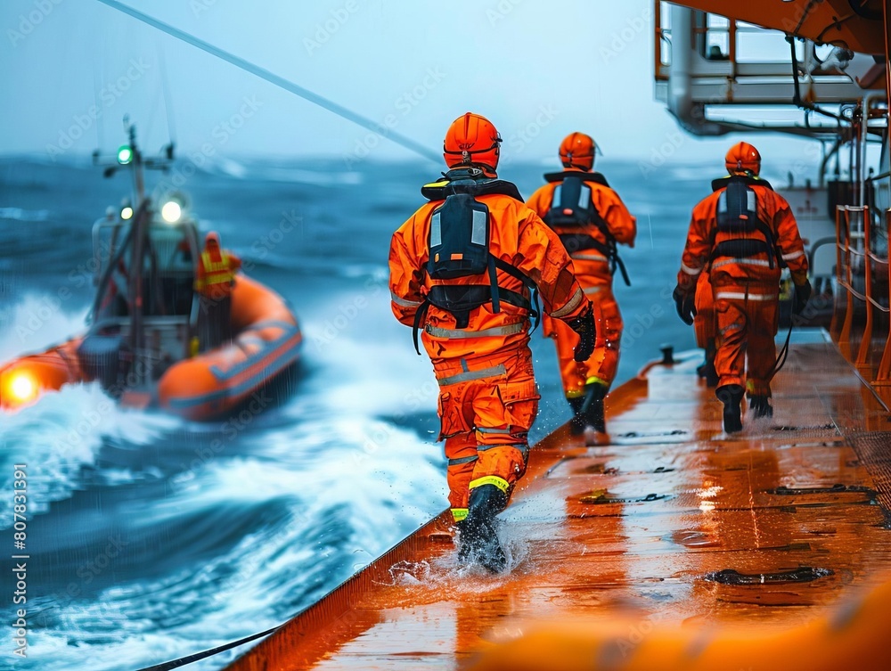Lifeboat drill on an oil rig, crew in orange safety suits practicing ...