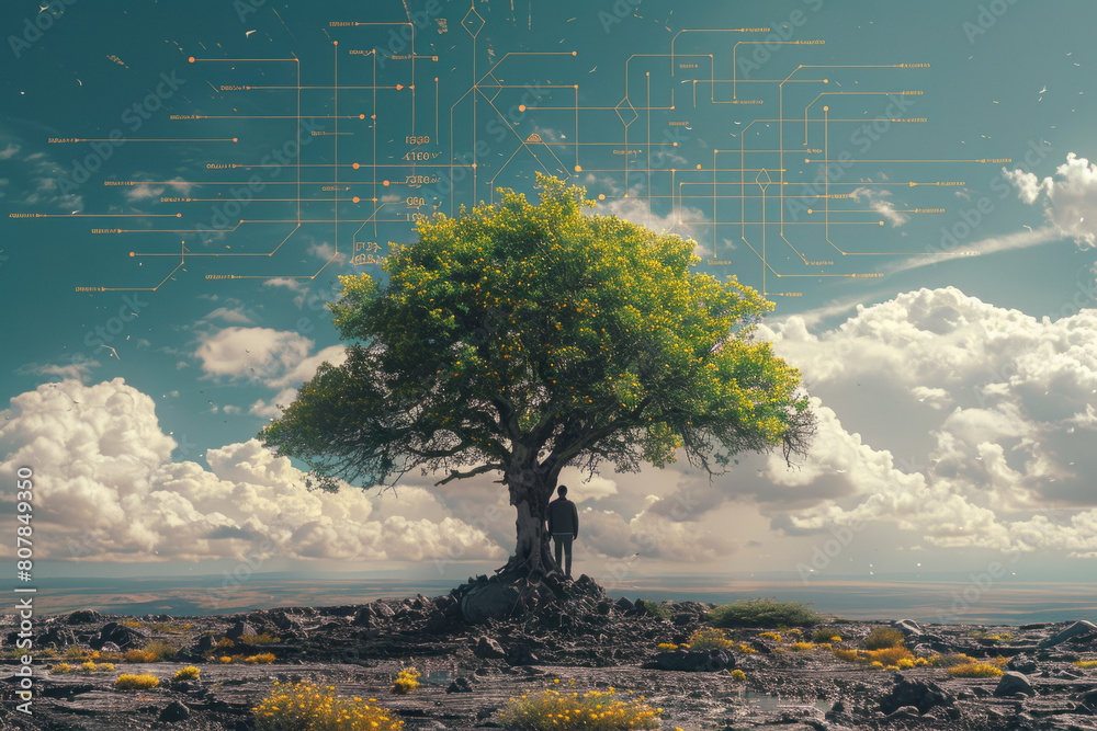 Image of person hugging tree in barren land, sky charts depict rising ...