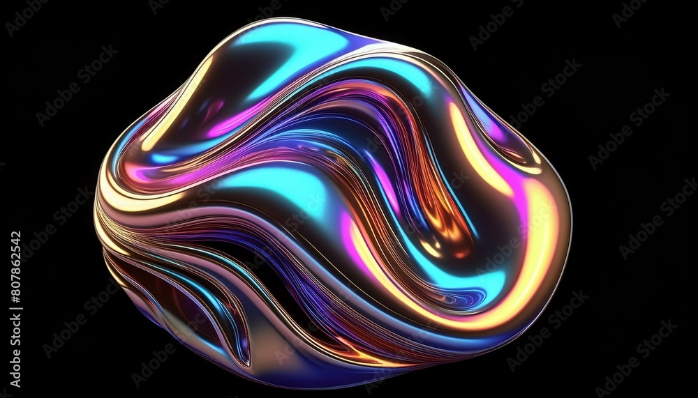 Bold holographic liquid metal shape isolated. Iridescent wavy melted ...