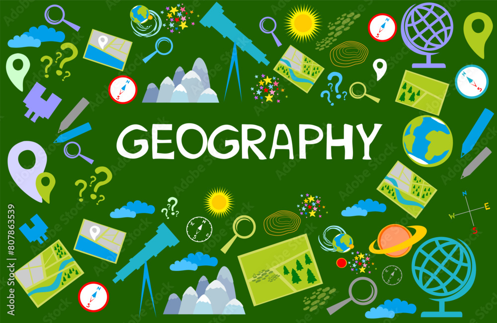 Geography. Education concept. Back to school background. Lettering. Set ...