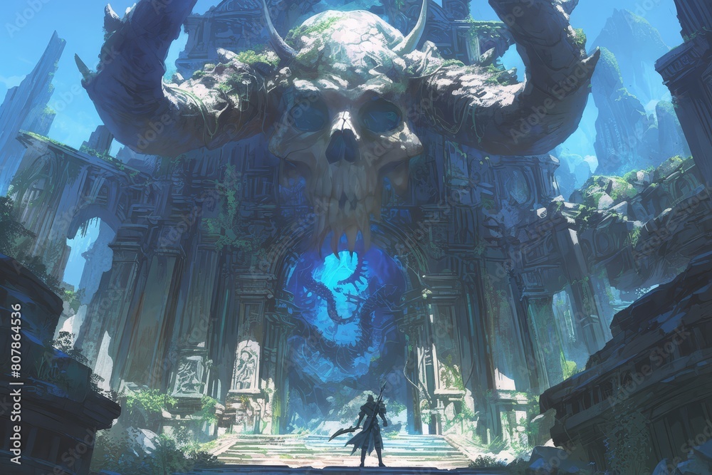 adventurer standing in the entrance to a giant horned demon's lair ...