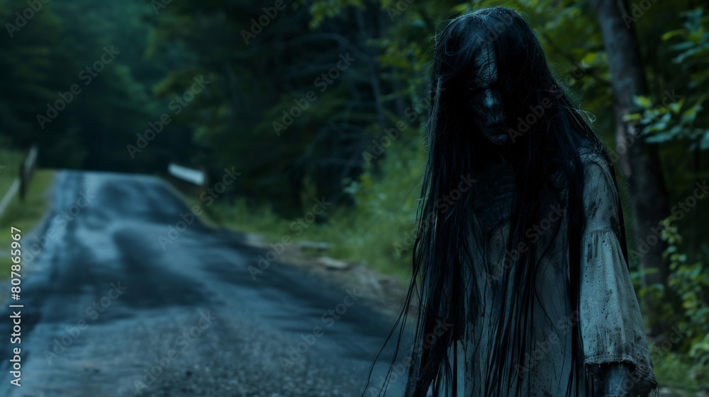 evil spirits Long raven black hair Wearing a pale white dress stained ...
