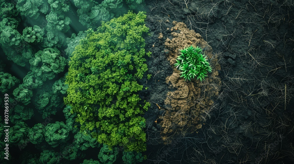 Half of the image shows a lush green forest, while the other half shows ...