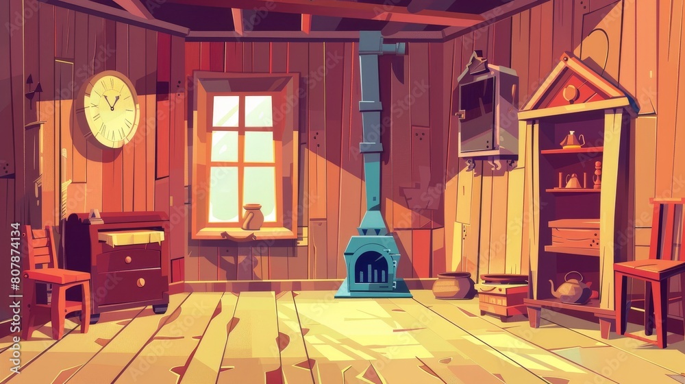 Modern cartoon illustration of an empty wooden room with traditional ...