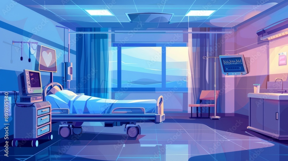 The interior of a hospital ward is illustrated with an adjustable bed ...