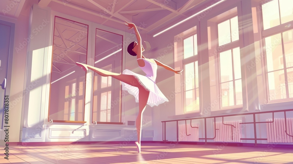 Ballet class with mirrors and wooden floor. Dancer girl rehearsal ...