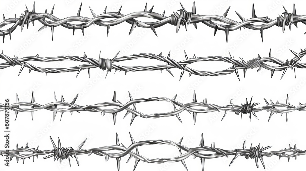 Isolated on white background, steel barbwire set with barbs, twisted ...
