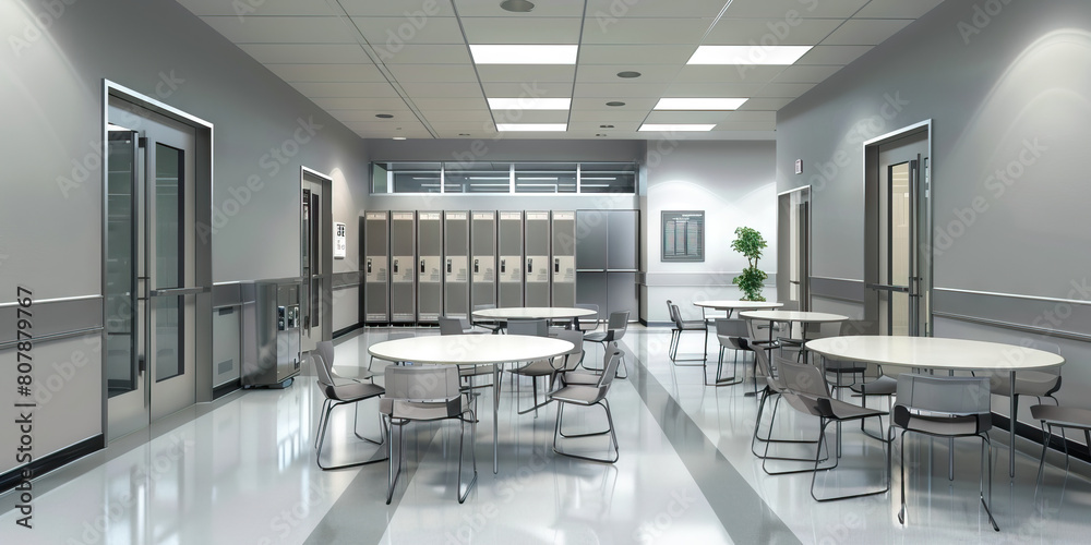 Employee Break Room Floor: Showing break room tables, chairs, lockers ...