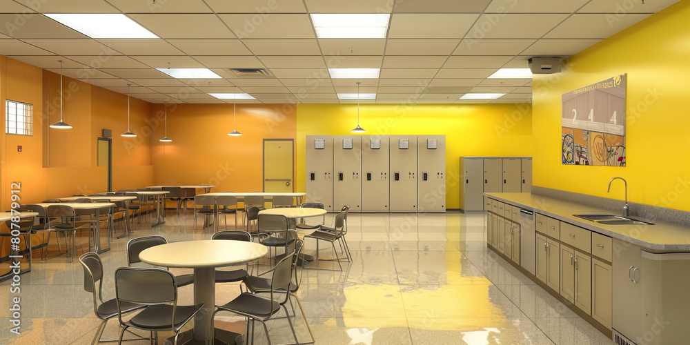 Employee Break Room Floor: Showing break room tables, chairs, lockers ...