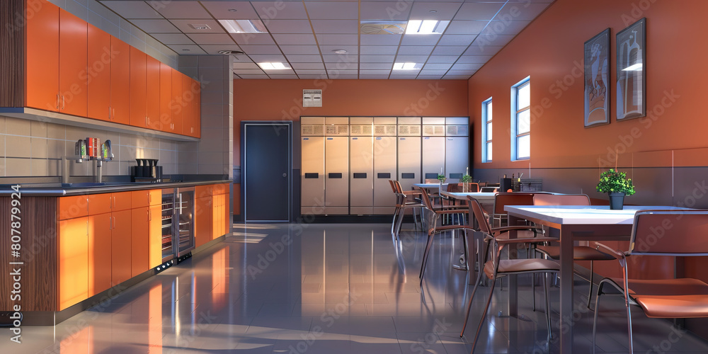 Employee Break Room Floor: Showing break room tables, chairs, lockers ...