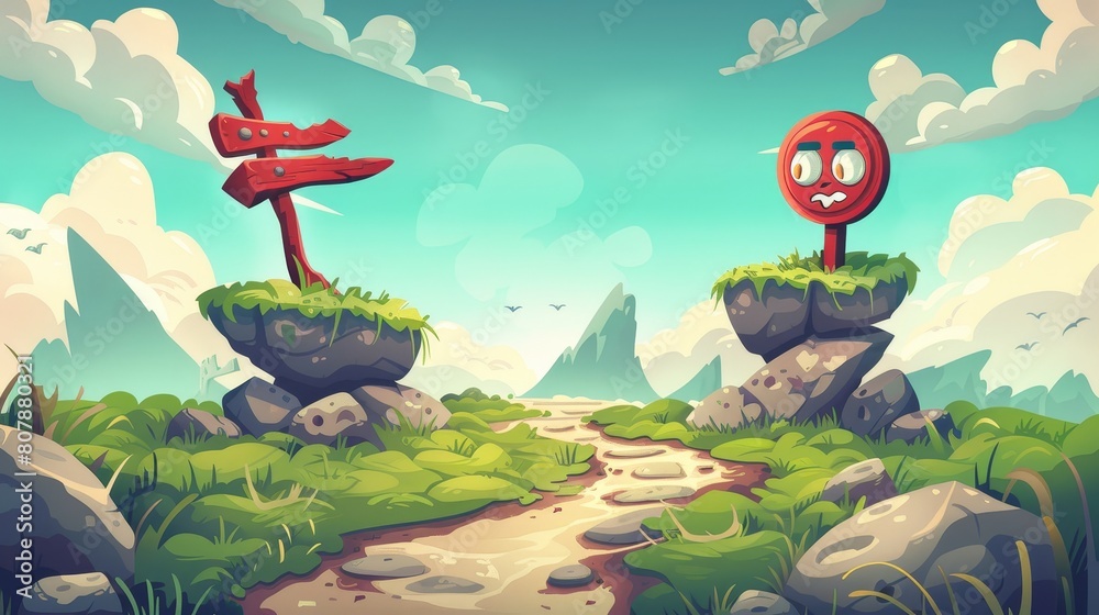 This modern cartoon shows a road fork, directions, a path with rocks ...
