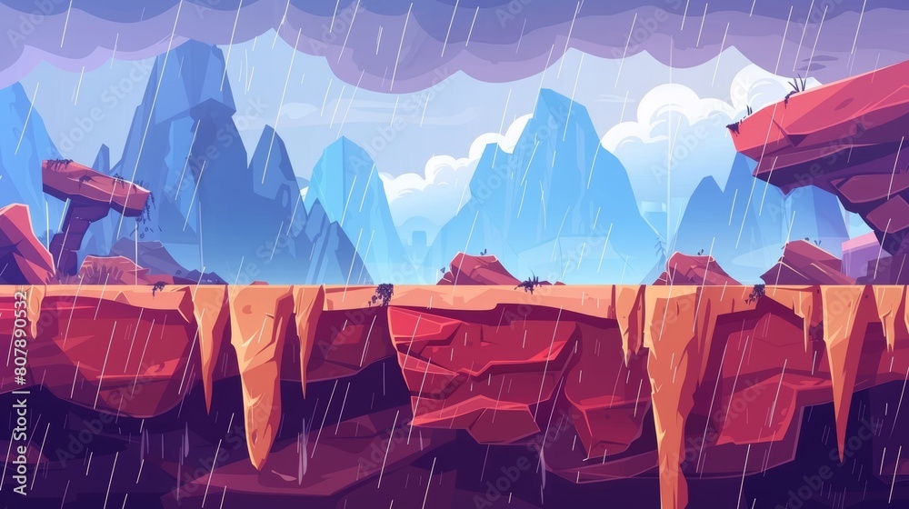 Rainy mountain landscape with cliffs, ledges and dangerous gaps at high ...