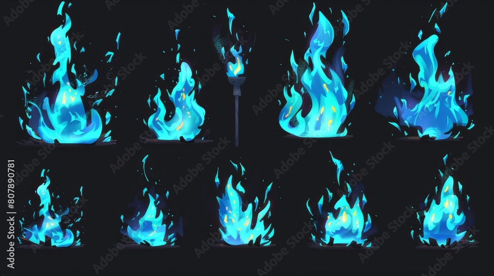 A blue flame is burning for 2D animation or video games. Modern cartoon ...
