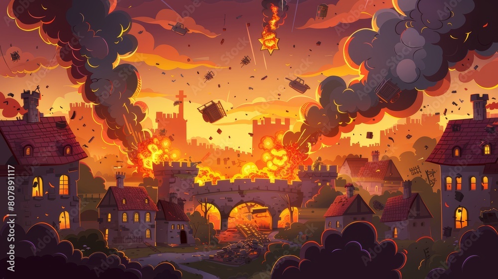 Modern illustration with parallax city in fire, war destruction with ...